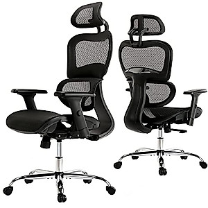 SMUG Ergonomic Office High Back Computer, Mesh Home Desk Lumbar Support, Tilt and Lock, Comfy Rolling Executive Swivel Task Chair with 3D Adjustable Headrest and Armrests, Black
