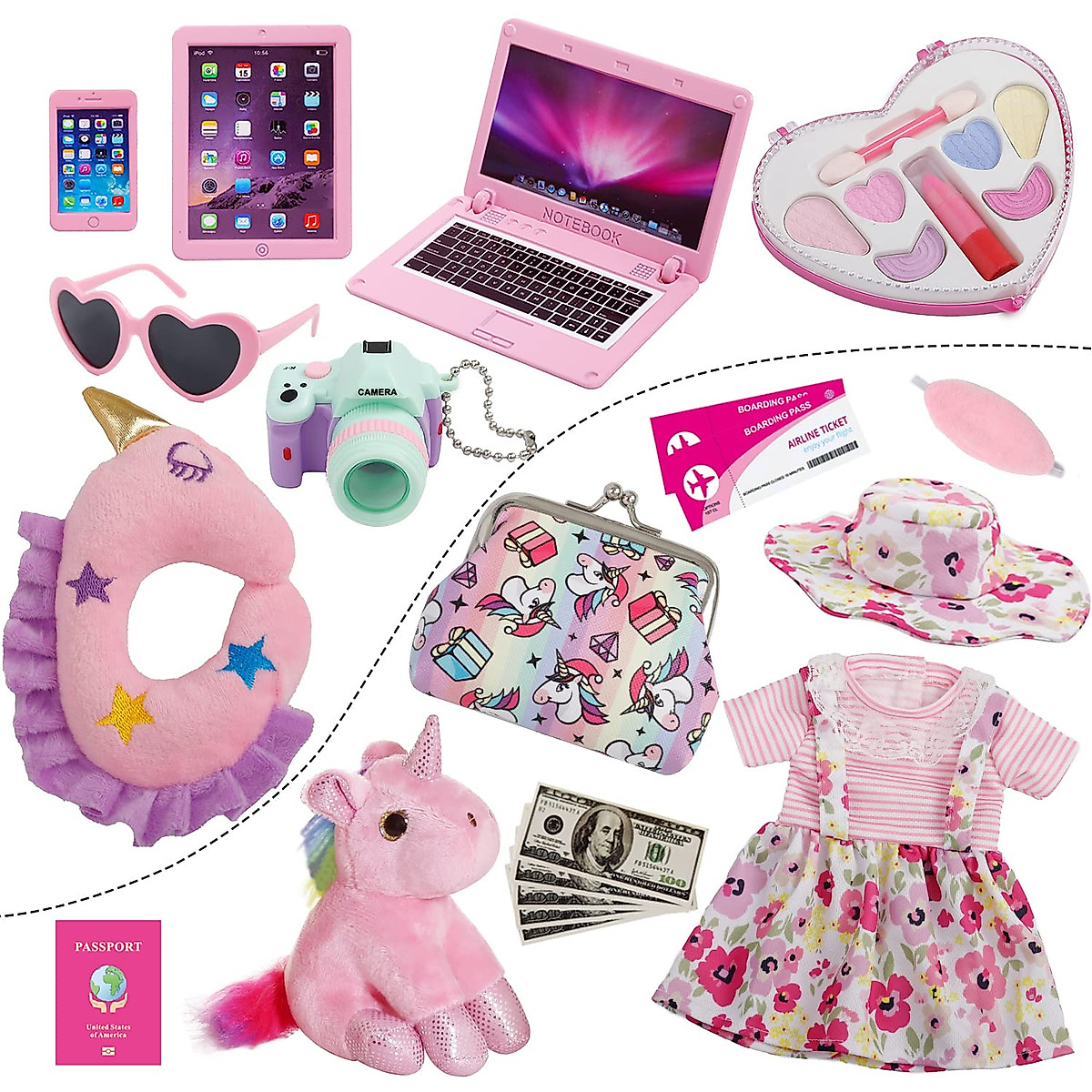 Windolls 18 Inch Doll Suitcase Travel Luggage Play Accessories - 18" Doll Clothes Accessories Travel Carrier Storage Set, Include Case, Doll Clothes, Hat, Sunglasses, Camera, Pillow, Toy Pet, etc