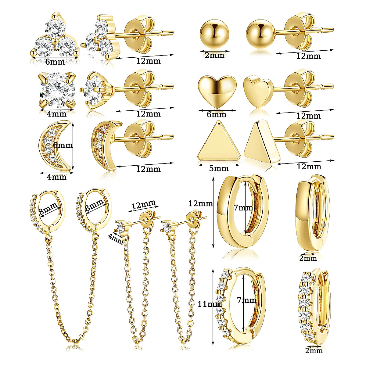 10 Pairs 14K Gold Plated Studs Earrings and Hoops Set for Women, Hypoallergenic Small Dainty Minimalist Chain Hoop CZ Ball Earrings Sets for Multiple Piercing. (1-GOLD)