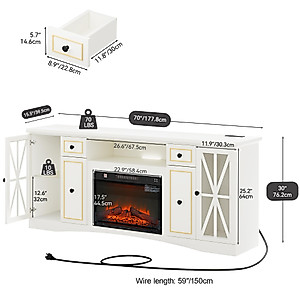 YITAHOME 70" Fireplace TV Stand for up to 80 Inch TVs, Entertainment Center with 23 Inch Electric Fireplace, LED TV Stand with Storage for Living Room (White)