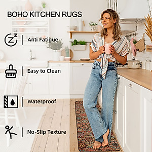 Boho Kitchen Rugs and Mats Sets 2 Cushioned Anti-Fatigue Kitchen Floor Mat Bohemian Retro Style PVC Non-Skid Waterproof Comfort Standing Memory Foam Mat for Sink, Laundry ,17.3" x28" + 17.3" x 47