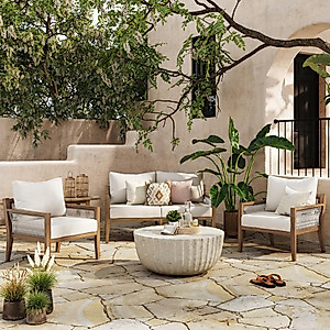 Nathan James Freya Bohemian Wood Loveseat, Upholstered Loveseat Sofa for Patio, Solid Acacia Wood Frame, White/Light Brown