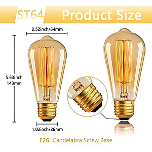Sevici Edison Bulb, 6 Packs, ST64 60W 120V Edison Bulb Retro Incandescent Bulb, E26/E27 Base, 2200K Amber Warm Yellow Base, Dimmable, Retro Glass Bulb, Suitable for Outdoor and Indoor