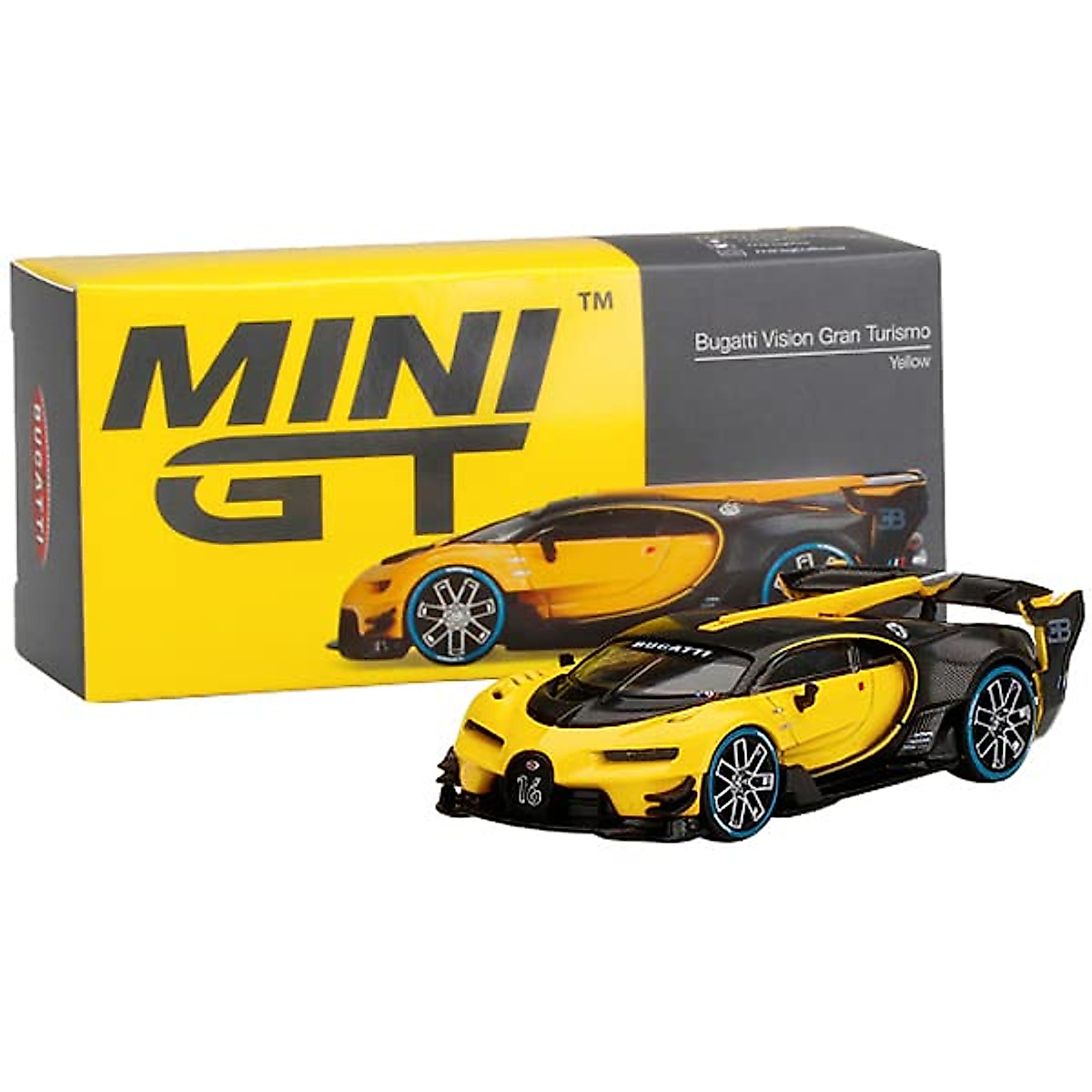 MINI GT Bugatti Vision Gran Turismo Yellow and Carbon 1/64 Diecast Model Car by True Scale Miniatures MGT00317
