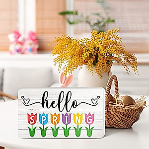 Hello Spring Wood Sign Farmhouse Tulips Spring Decor 9 x 5.3 Inch Spring Table Centerpiece Freestanding Wall Table Decor Wooden Cutout Tulips Spring Decoration for Home Dining Room (Spring)