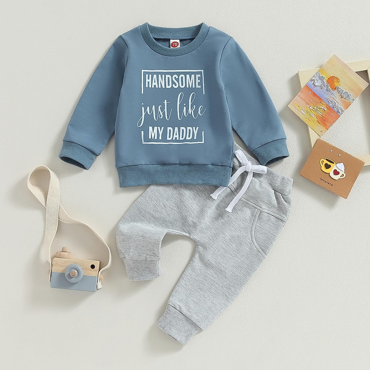 YINGISFITM Toddler Baby Boy Fall Clothes Dads Boy Letter Crewneck Sweatshirt Long Sleeve Shirt Top Pants Winter Outfit Set (like my dad blue, 0-6 Months)