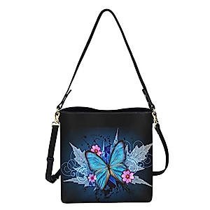 WELLFLYHOM Blue Butterfly Handbag for Women Crossbody Bucket Bags Trendy Tote Purses PU Leather Hobo Bag Work Satchel Shoulder Bag Travel wallet Organizer Gifts for Girls Messenger Pouches