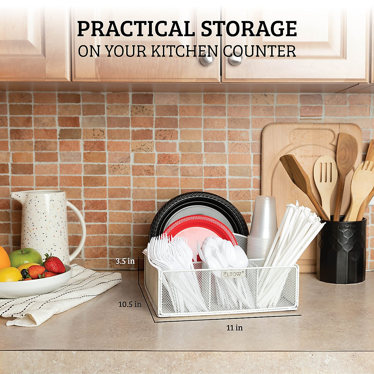 ELTOW Silverware Holder and Paper Plater Organizer for Countertop, 6 Compartment Utensil Caddy for Parties, Home, Office or RV Lifestyle (White)