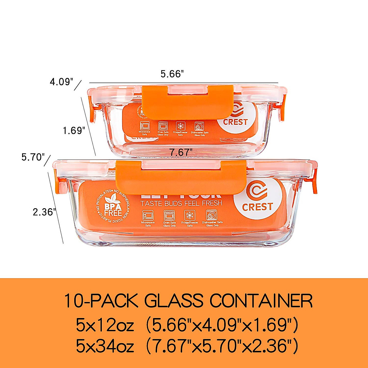 C CREST [10-Pack] Glass Food Storage Containers - Food Prep Containers with Lids - Microwave, Oven, Freezer and Dishwasher Safe