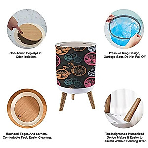 SHL96PZGX Small Trash Can with Lid Compass and Mountains in Bicycle Wheels Seamless Packing Old Waste Bin with Wood Legs Press Cover Wastebasket Round Garbage Bin for Kitchen Bathroom Bedroom Office