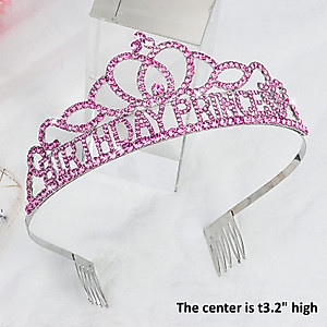CIEHER Pink Princess Birthday Crown and Birthday Sash Set, Birthday Girl Crown Birthday Tiara for Women Birthday Decorations for Girls Rhinestone Princess Party Decorations Birthday Gifts