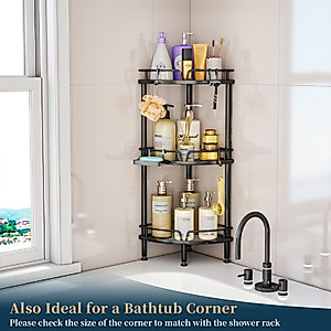 Consumest Corner Shower Caddy Stand - 3 Tier Shower Organizer with Soap Holder, Standing Tall Floor Shower Stand with Adjustable Feet & 4 Hooks, Shower Shelf Rack Storage for Bathroom Black