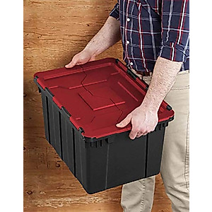 Sterilite 12 Gal Hinged Lid Industrial Tote, Stackable Storage Bin with Hinge Lid, Plastic Container to Organize Basement, Black with Red Lid, 1-Pack