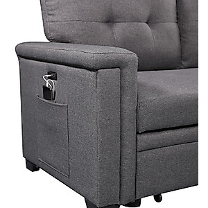 OMGO L-Shape Convertible Sleeper Sectional Sofa with Storage Chaise and Pull-Out Bed, Linen Upholstered Reversible Corner Couch w/USB Charger Ports and Pocket, 84, Dark Gray