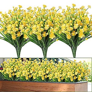 Whonline 12pcs Artificial Fall Flowers for Outdoors Plastic UV Resistant Shrubs Plants for Garden Wedding Farmhouse Indoor Outdoor Decor(Yellow)