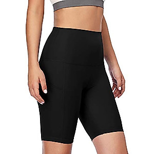 CADMUS Women's High Waist Spandex Yoga Shorts for Bike Running Two Side Pockets,1010,Black,Black,Black,Medium