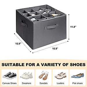 JeasEagn Shoe Organizer for Closet, Foldable Shoe Storage Bins with Clear Cover, Large Shoe Box Storage Container with Adjustabele Dividers, Fits up to 16 Pairs, Gray