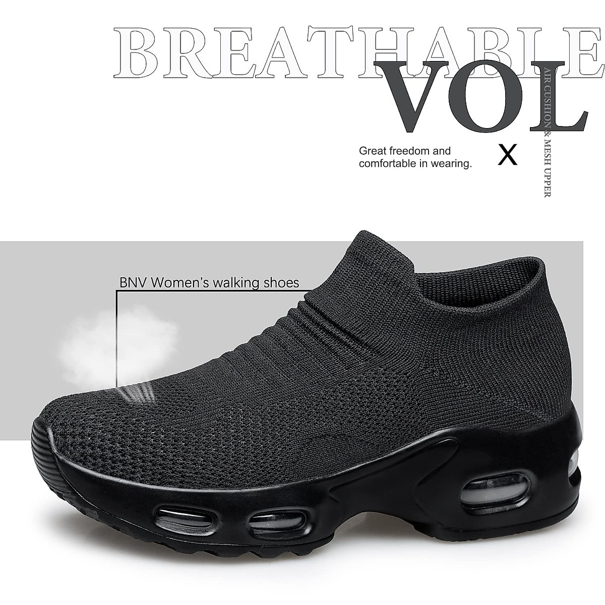 Womens Walking Shoes Sock Casual Ladies Fashion Sneakers Slip On Air Cushion Platform Workout Zapatos para Mujer All Black 8.5