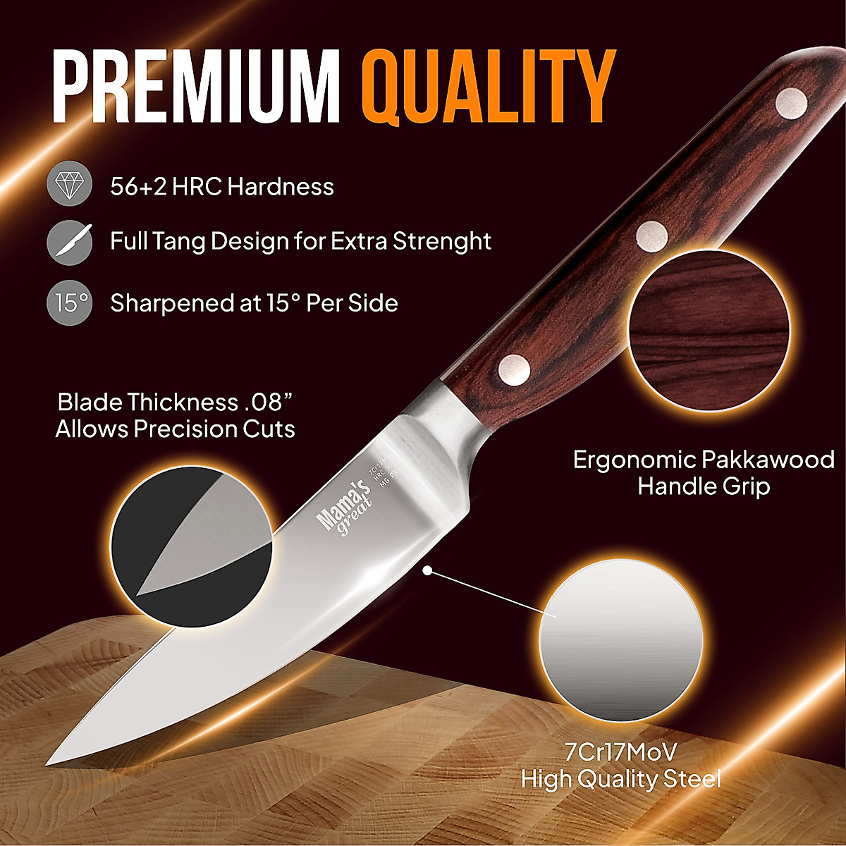 Mama's Great 3.5 Inch Kitchen Paring Knife - Multipurpose Razor Sharp Small Knife with High Carbon Stainless Steel Full Tang Blade and Ergonomic Non-Slip Pakkawood Handle