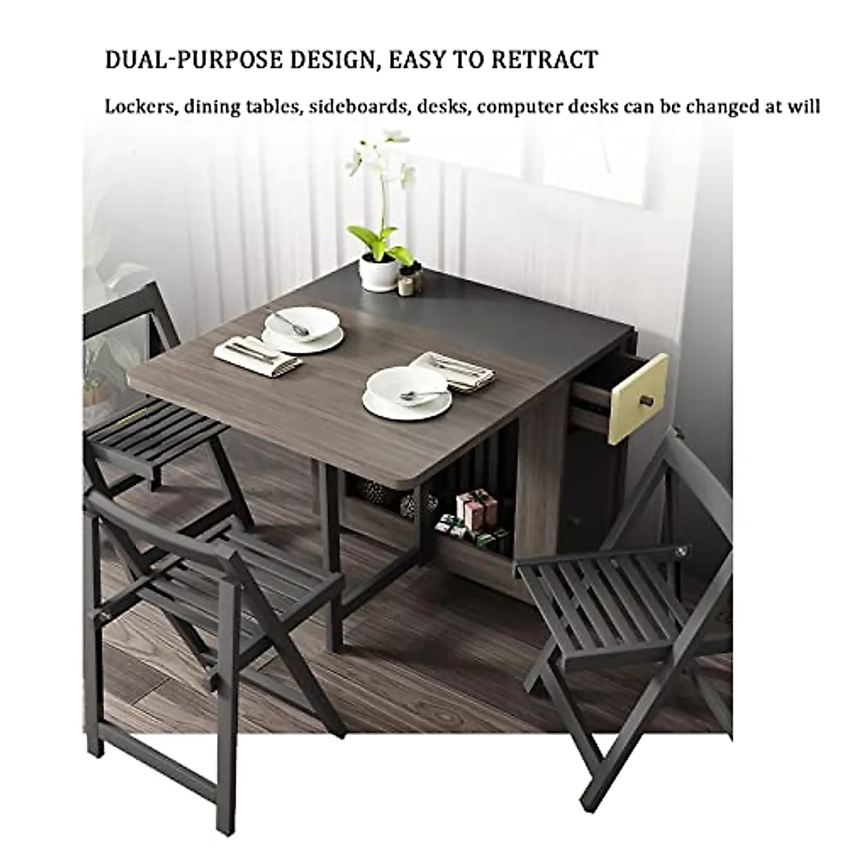 Folding Dining Table Set, Mobile Drop Leaf Dining Kitchen Table with 4 Chairs, Wood Simple Storage Table with 2 Wheels for Kitchen Dining Room Living Room Family Gathering. (1.5M)