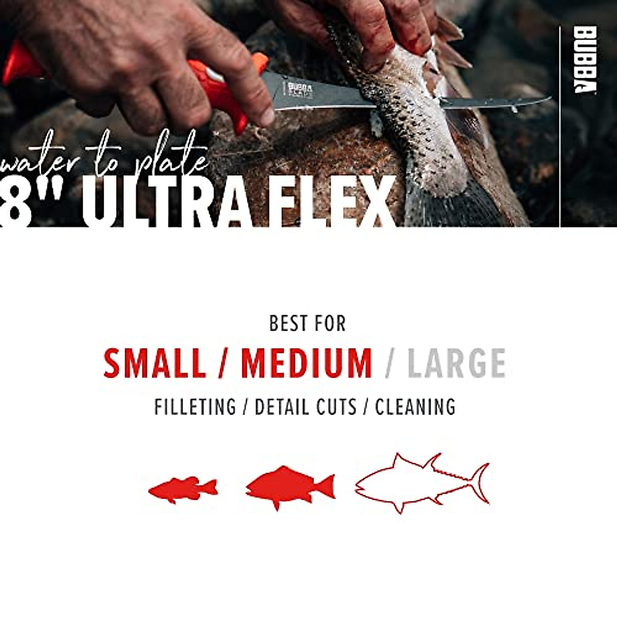 BUBBA 8 Inch Ultra Flex Tapered with Non-Slip Handle, Full Tang Stainless Steel Non-Stick Blade, Lanyard Hole and Synthetic Sheath for Fishing, Boating and Hunting