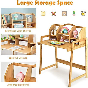 UNICOO - Bamboo Height Adjustable Kids Desk and Chair Set, Children Desk, Kids Study Table and Chair Set (Nature 01)