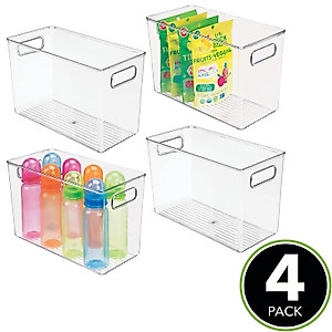 mDesign Plastic Storage Organizer Bin with Handles for Baby or Kids - Containers for Nursery, Playroom or Daycare - Holder for Snacks, Toys, Food, Diapers, or Wipes - Ligne Collection, 4 Pack, Clear