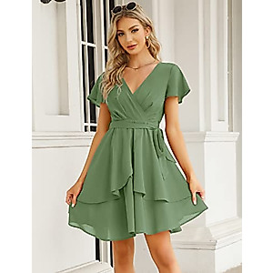 KOJOOIN Womens Skater Dresses Sexy V Neck Short Sleeve Tie Waist Solid Ruffle Boho Flowy Swing Mini Dress Olive Green