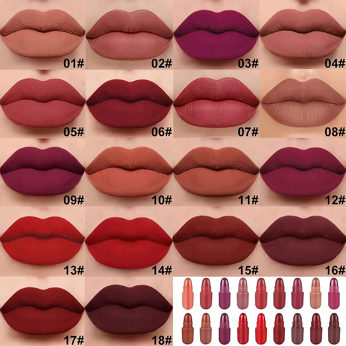 evpct 18Pcs Mini Pills Lipstick Capsule Set for Women Waterproof Long Lasting Deep Red Matte Small Magic Permanent Lipstick 24 Hour Lipstick Bulk Samples Sampler labiales mate 24 horas originales 01