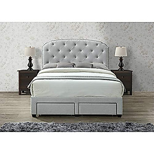 DG Casa Argo Upholstered Panel Bed Frame with Storage Drawers and Diamond Button Tufted Nailhead Trim Headboard, Queen Size in Platinum Fabric