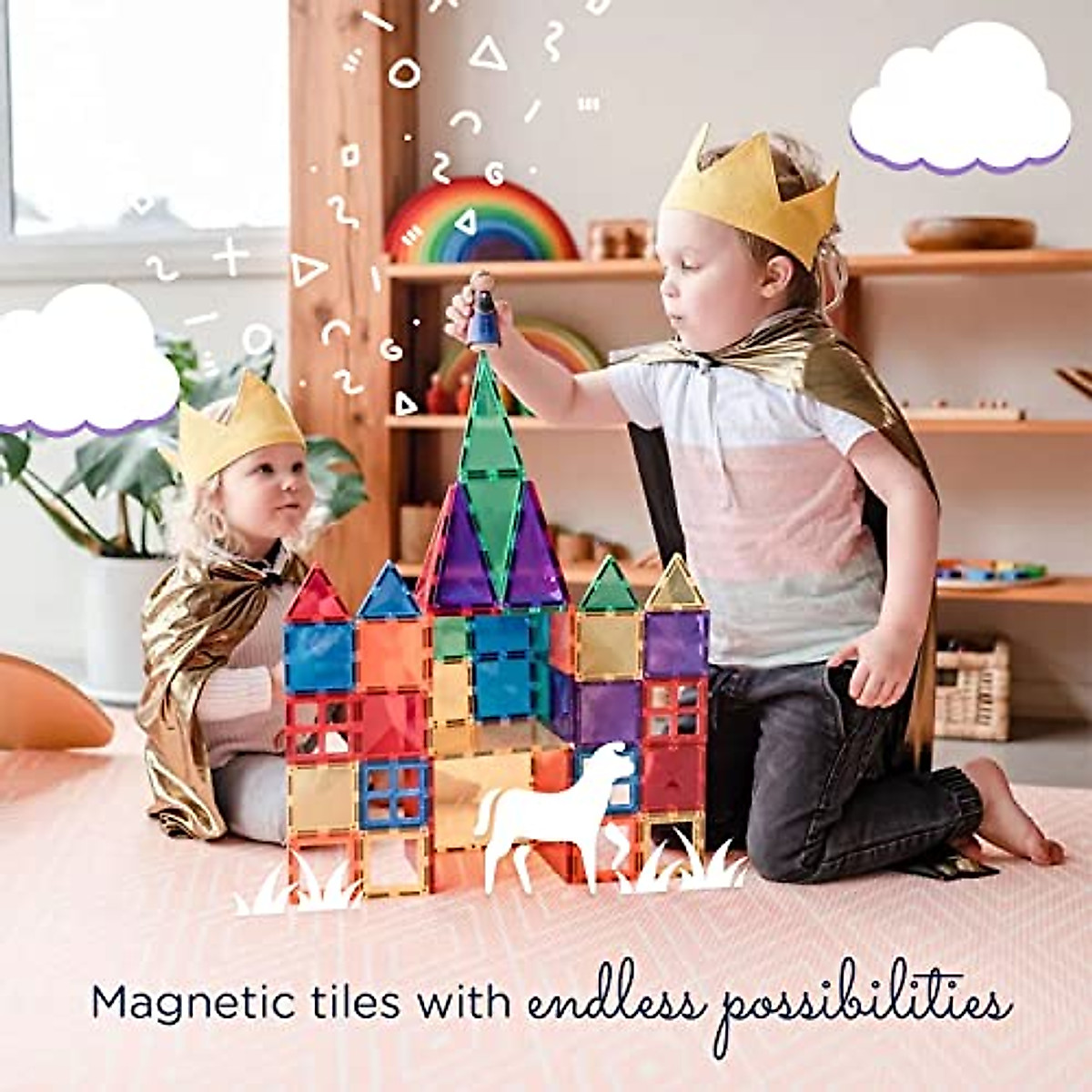 Connetix Tiles, 100 pc Creative Pack of Magnetic Building Tiles for Kids, Colorful Shapes, Fences, and Door Frames to Create Big Castles, Rockets, Bridges, Towers, and More