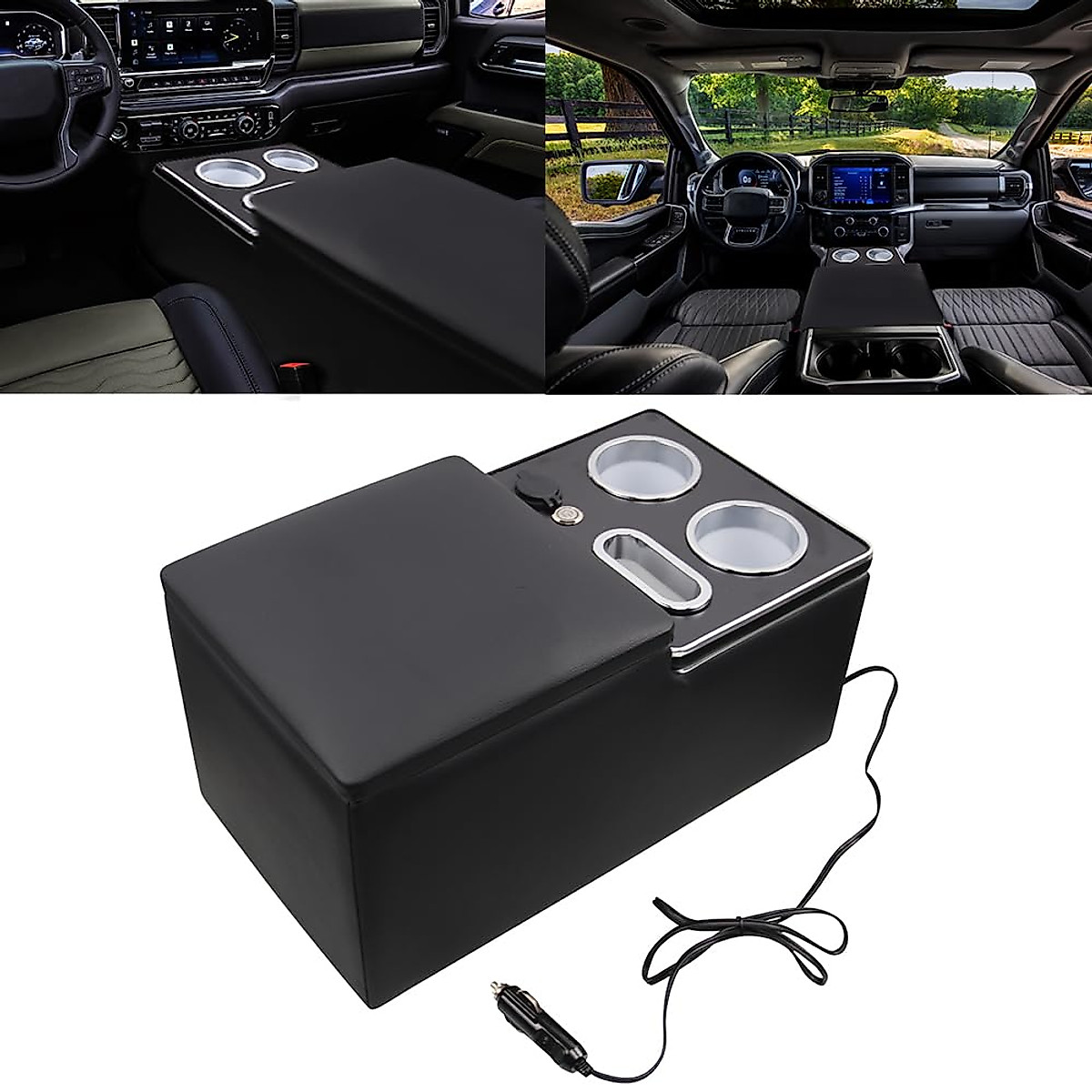 Sporacingrts Black Universal Enhanced Truck Seat Organizer with LED Light, USB Port, Cup Holders, and More - Car & Van & Truck Floor Cab Back Bench Seat Armrest Middle Storage Box-Contractor Console