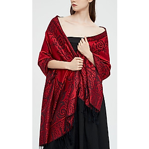 Gragengs Pashmina Shawl Wrap with Ethnic Paisley Two Tone Jacquard Scarf for Women,Paisley-Black Red