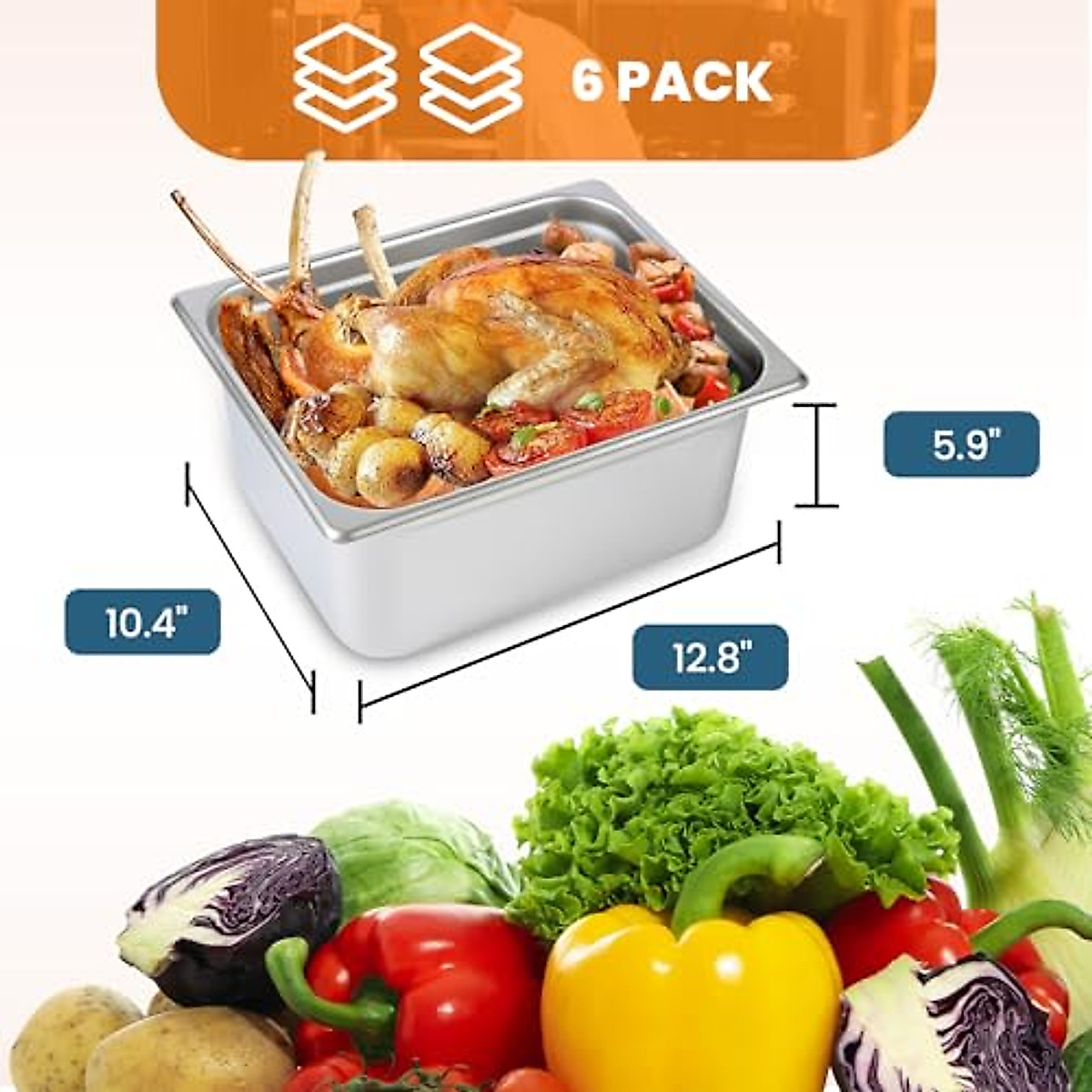 Aplancee Steam Pan 1/3 Size x 2.5 Inch Deep 6 Pack Stainless Steel Anti-Jamming Food Cooking Pan (More Sizes & Lid Options)