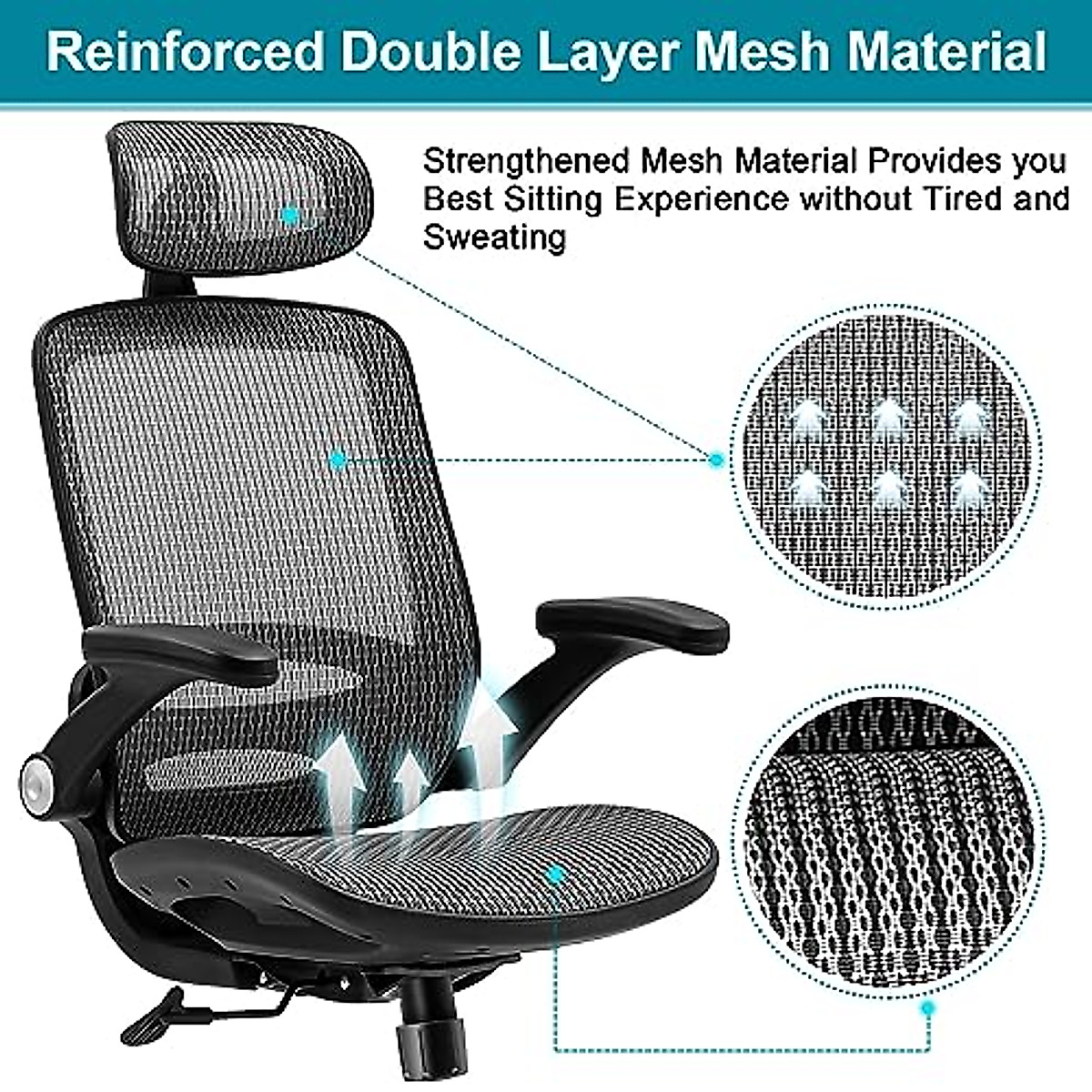 Ergonomic Mesh Office Chair, High Back Computer Mesh Desk Chair with Adjustable 2D Headrest & Flip Up Arms, 135°Tilt Function, Mesh Seat, Breathable Swivel Executive Task Chair for Tall People