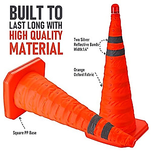 Cartman 4 Pack 28 Inch Collapsible Traffic Cones with LED Light, Multi Purpose Pop up Reflective Safety Cones, Pack of 4, Battery Included