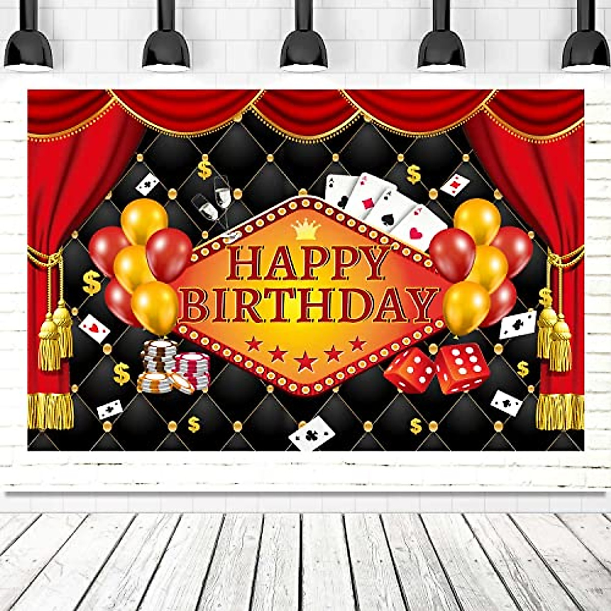 MEETSIOY Casino Birthday Backdrop Red Curtain Gold Tassel Photo Booth Card Chip Banner Decorated with Alaskan Party Photo Supplies 5x3ft RBJGJMT151