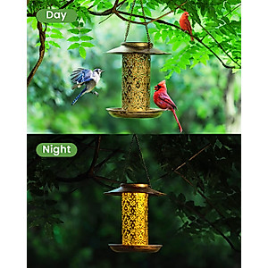 SWEETFULL Solar Bird Feeder for Outdoors Hanging, Metal Wild Bird Feeder for Cardinals Solar Garden Lantern with S Hook as Gift Ideas for Bird Lovers (2LBs Heavy Duty Weather Resistance birdfeeders)