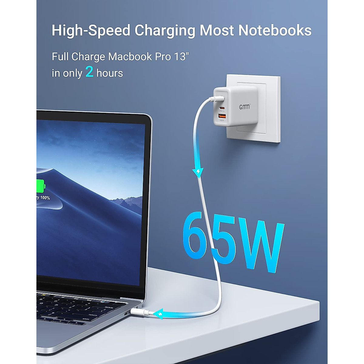 GMM Dual USB C Charger, 65W 3 Ports GaN Fast Charger Block, Compact Foldable Wall Charger for MacBook Pro/Air, iPhone 15 14, Apple Watch, iPad Pro, Galaxy S23, Pixel etc