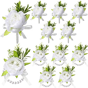 Jexine 12 Pcs Rose Wrist Corsage Wristlet Band Bracelet and Men Boutonniere Set White Flower Corsage Wrist Flowers and Boutonniere Buttonholes for Wedding Flowers Accessories Decor