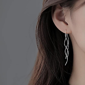 SLUYNZ Sterling Silver Curve Dangle Earrings for Women Teen Girls Wave Dangle Earrings Threader Tassel (A-Silver)