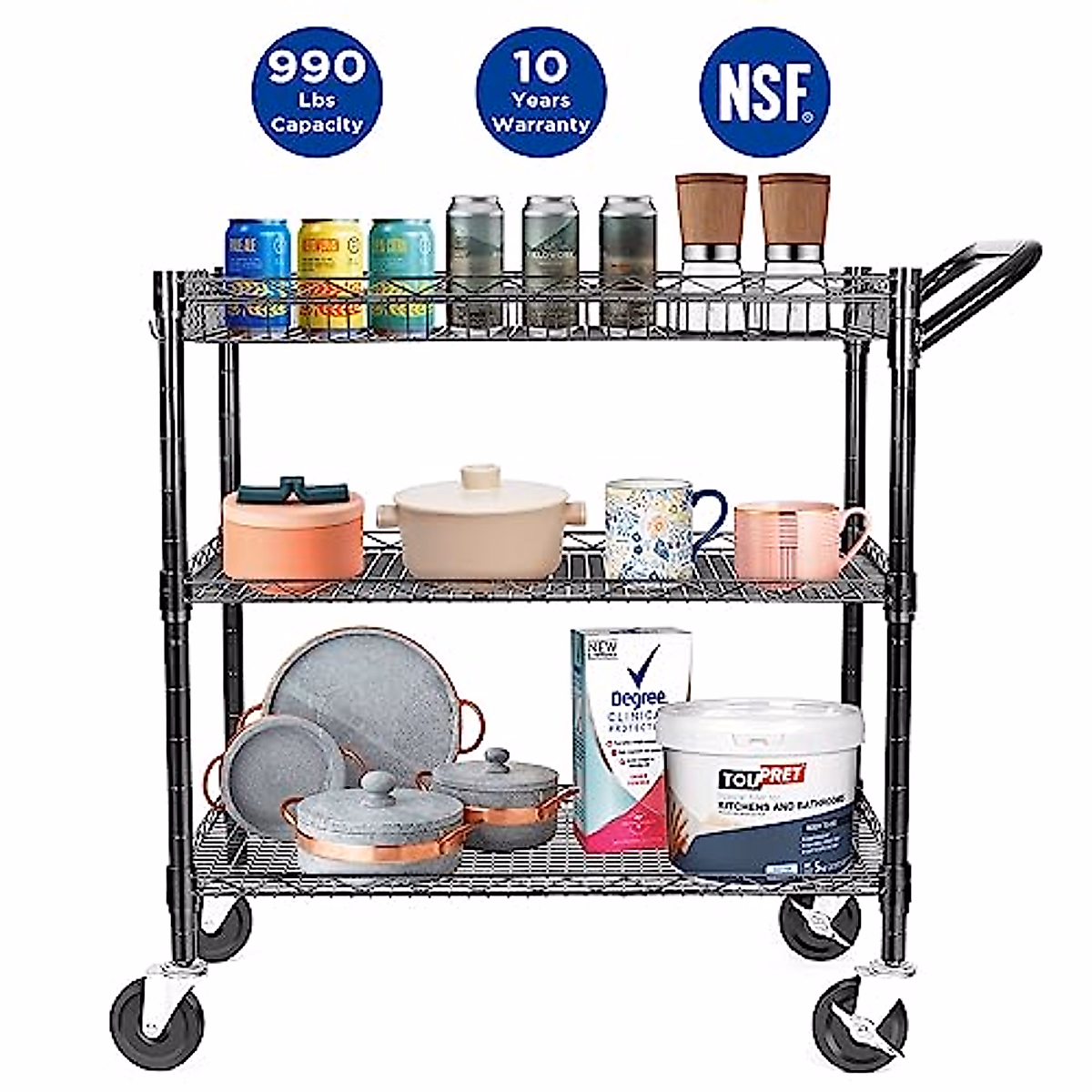 WDT 990Lbs Capacity Heavy Duty Rolling Utility Cart, NSF Rolling Carts with Wheels,Commercial Grade Metal Cart with Handle Bar & Shelf Liner,Trolley Serving Cart for Restaurant,Kitchen,Black