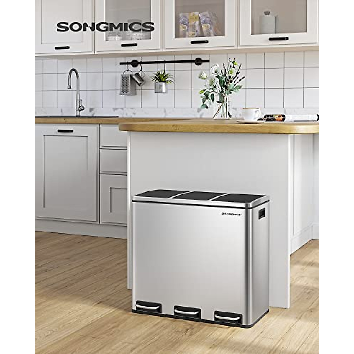 SONGMICS Trash Can, 3 x 4.8 Gallon Garbage Can, 14.4 Gallon Recycle Bin with Soft-Close Lids, Pedals, and Inner Buckets for Kitchen, Stainless Steel, Silver and Black ULTB54NL