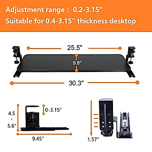 Keyboard Tray Under Desk - Adjustable Ergonomic Sliding Tray, 30.3 (Including Clamps) x 10 inch Large Slide-Out Platform Computer Drawer, Up to 3.1" Thick