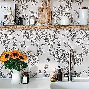 Black and White Floral Wallpaper Peel and Stick Wallpaper Floral Contact Paper 17.7 inch×118.1 inch Floral Removable Self Adhesive Wallpaper Flowers Birds Decorative Wallpaper for Cabinets Walls