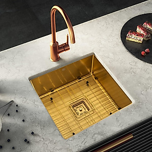 Strictly Sinks Undermount Bar Prep Sink – 18 Inch 16 Gauge Embossed Leather Texture Gold Wet Bar Prep Kitchen Sink with Bottom Grid and 1 Square Strainer Drain