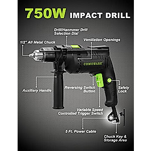 COMOWARE Hammer Drills for Concrete, 1/2 In. Corded Drill, Hammer Drill, Variable Speed 0-3000RPM, Max 48000BPM, Hammer & Drill 2-in-1 Concrete Drill, 6.5 Amp Power Hammer Drills with 10 Masonry Bits
