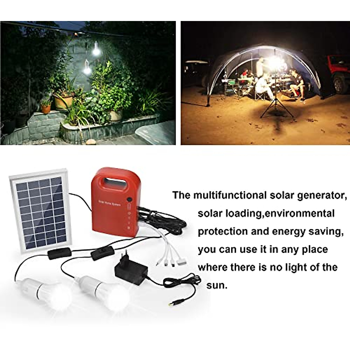 MeetUs Portable Home Outdoor Generation System Small DC Solar Panels Lighting Charging Generator Power System, 2 Pcs Lighting Bulb + 4 In 1 USB Charging Cable