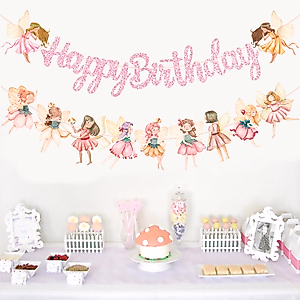 Fairy Birthday Party Banner Glitter Pink Fairies Birthday Party Decorations Fairy First Party Banners Fairy Birthday Cutout Banner for Fairy Garden Baby Shower Supplies