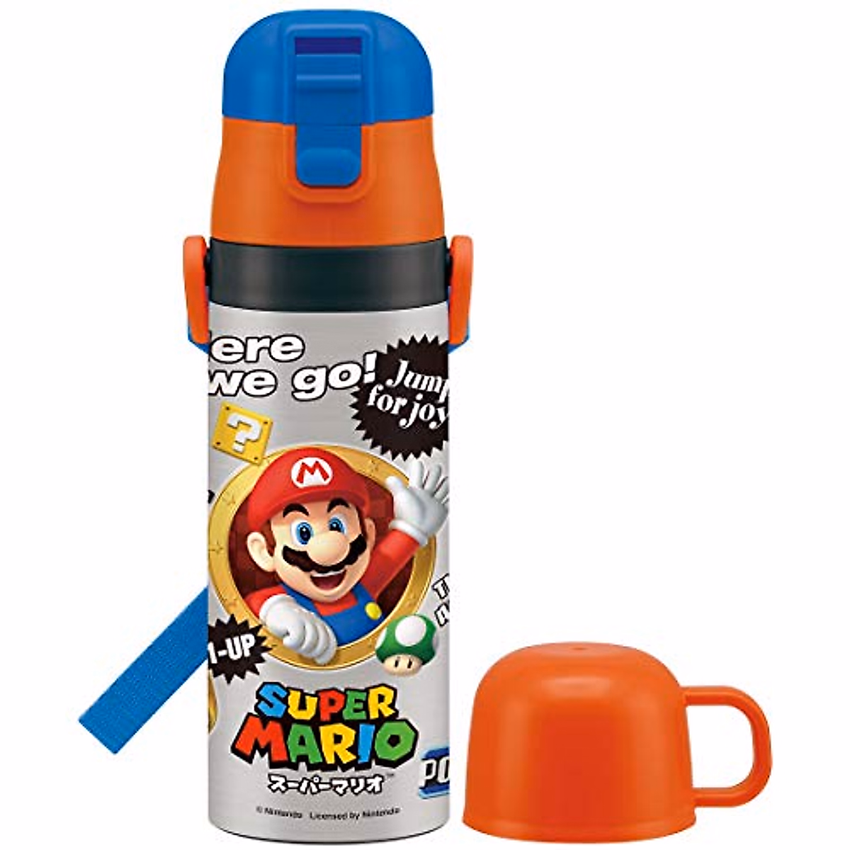 Skater SKDC4 Children's Water Bottle, 2-Way, Direct Drinking, One-Touch Cup Included, Super Mario, Diameter 2.7 x Height 9.1 inches (68 x 230 mm), 15.2 fl oz (430 ml), Stainless Steel, Kids Boys